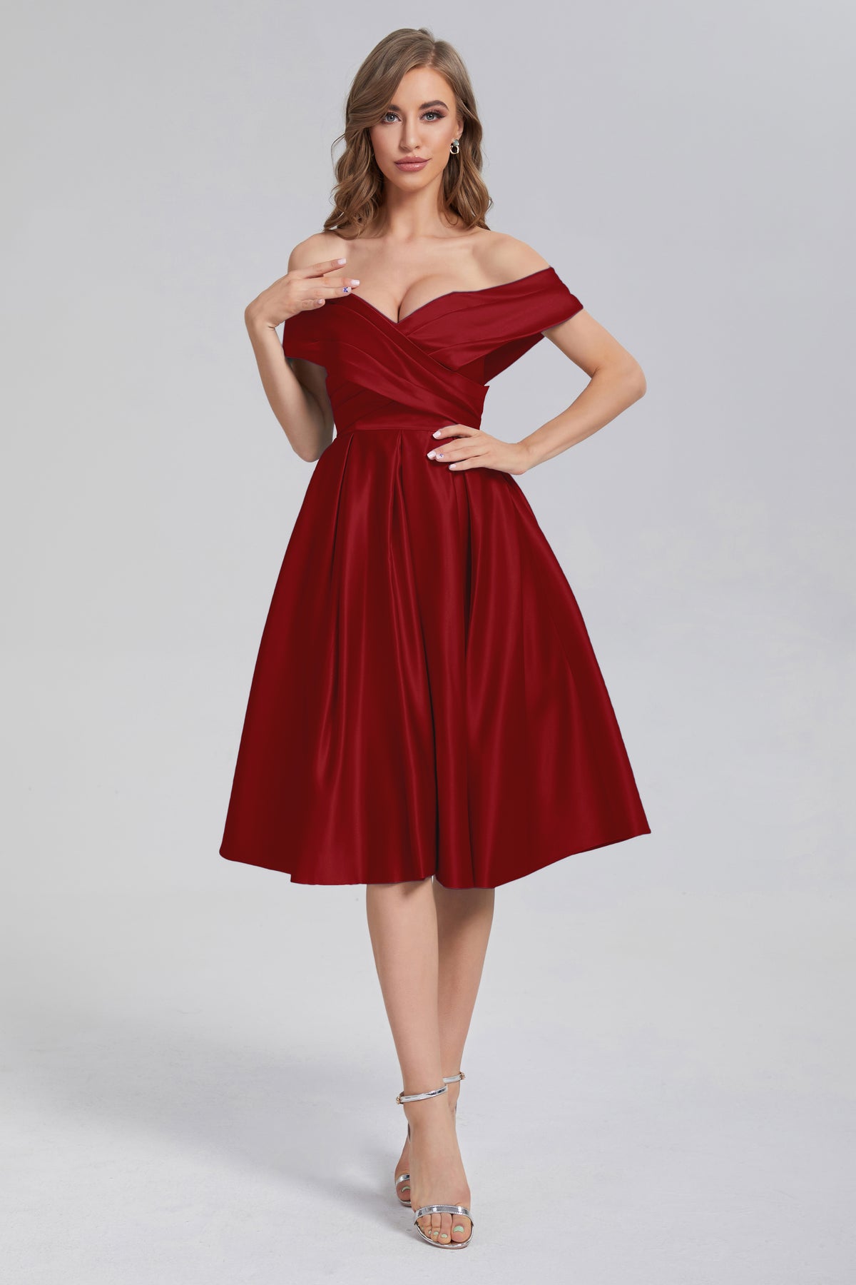 A-line Off the Shoulder Satin Short Prom Dresses